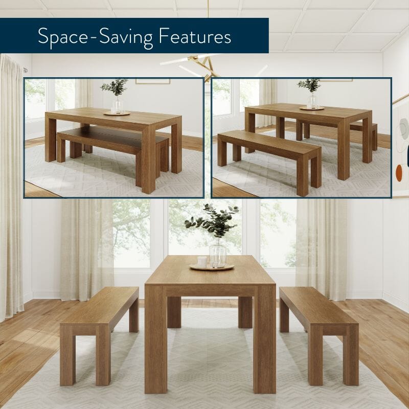 Modern Dining Table Set with 2 Benches, Solid Wood - 72 Inch, Seats 6 ...