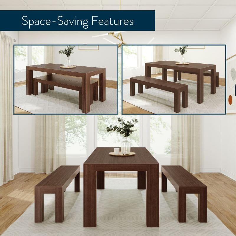 Modern Dining Table Set with 2 Benches, Solid Wood - 72 Inch, Seats 6 ...